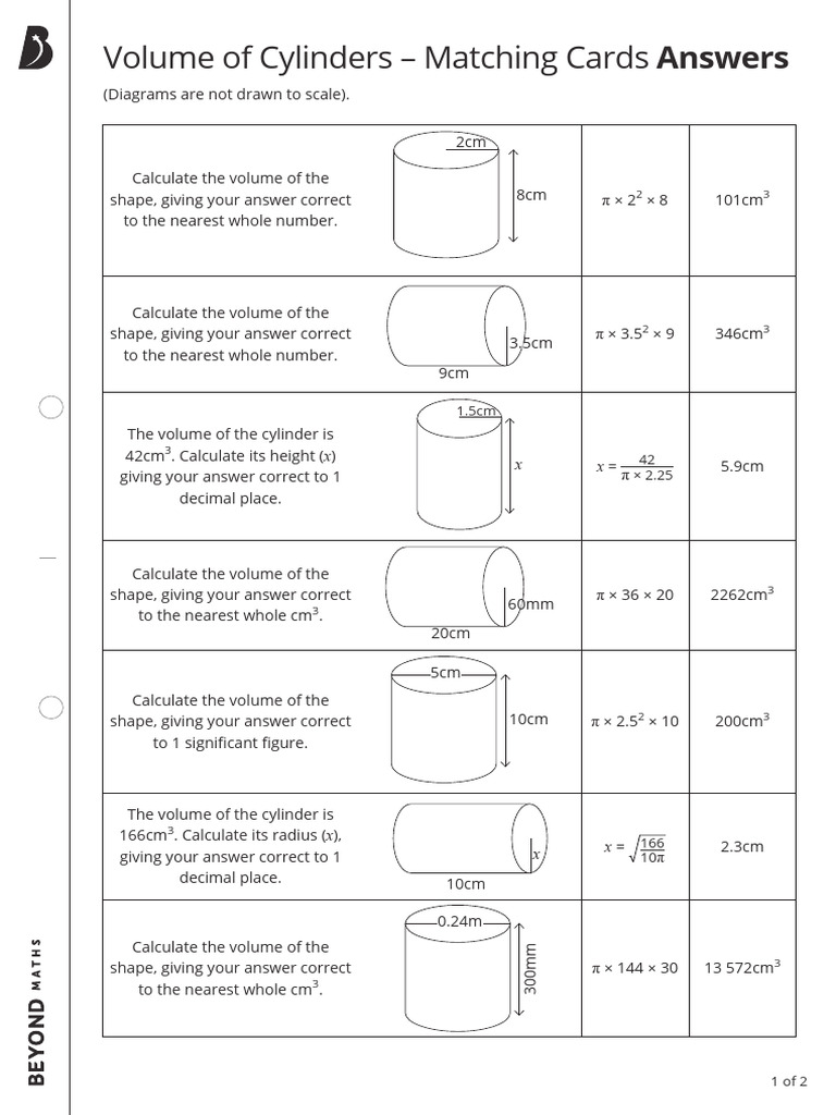 Answer Scheme _ Volume of Cylinders – Matching Cards | PDF ...