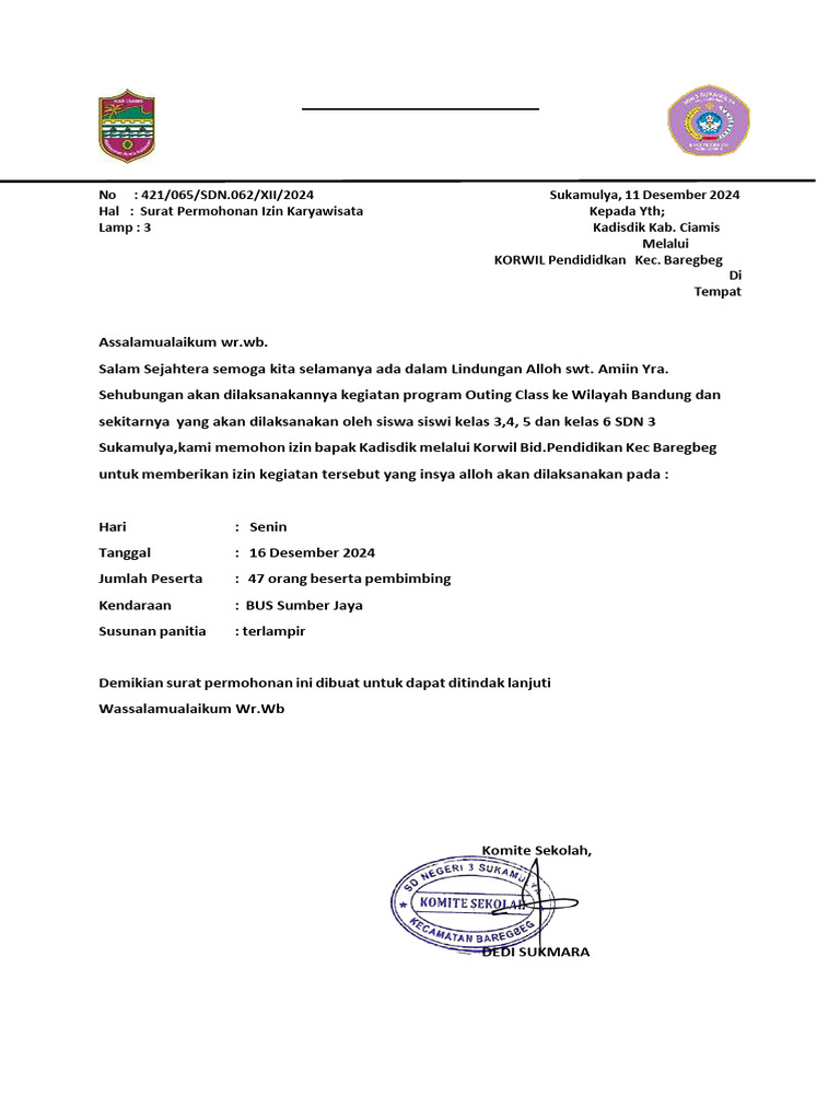 Surat Izin Outing Class | PDF