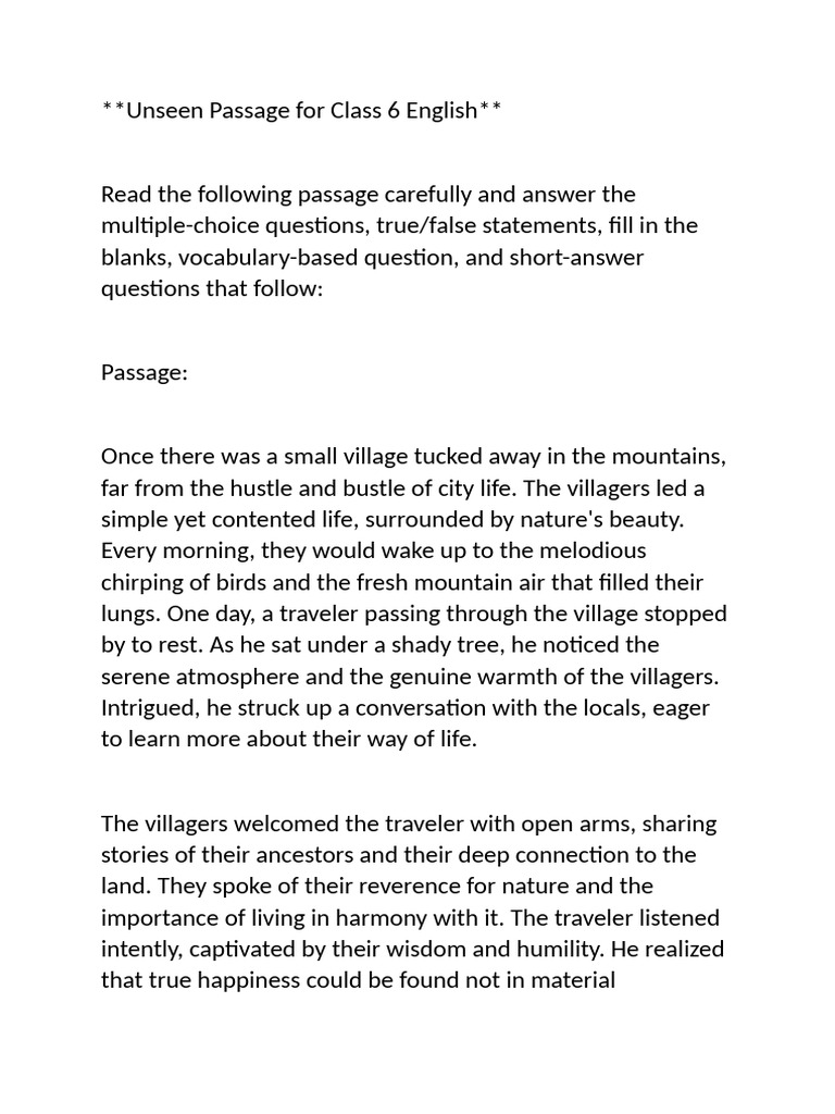 Unseen Passage for Class 6 with Questions | PDF