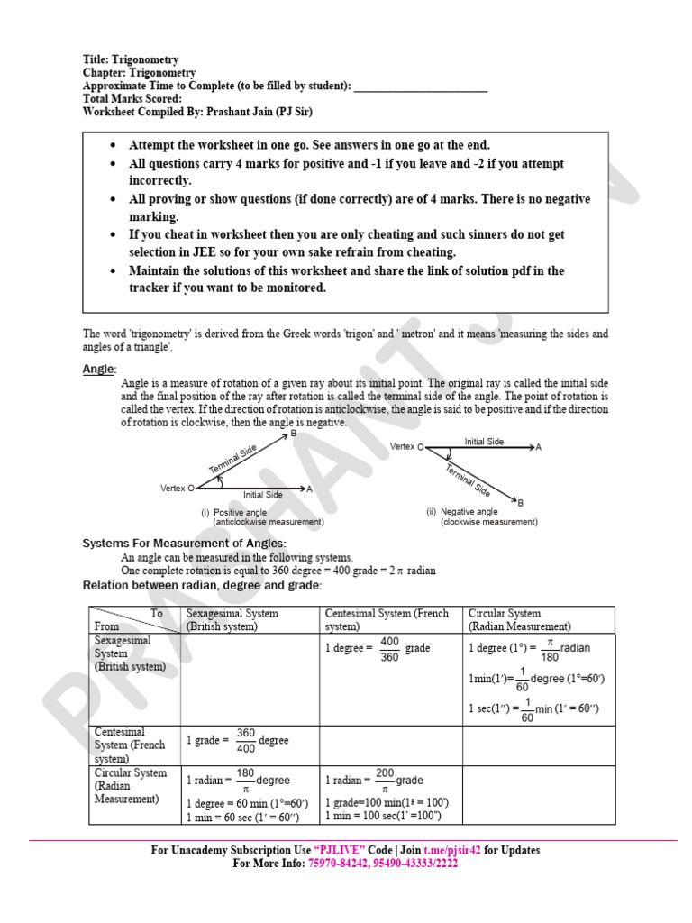 Worksheet - 1 Introduction | PDF | Trigonometric Functions | Geometric ...
