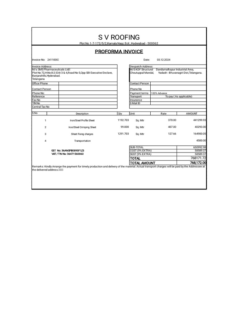 Roofing Invoice for SMS Pharma | PDF | Invoice | Value Added Tax