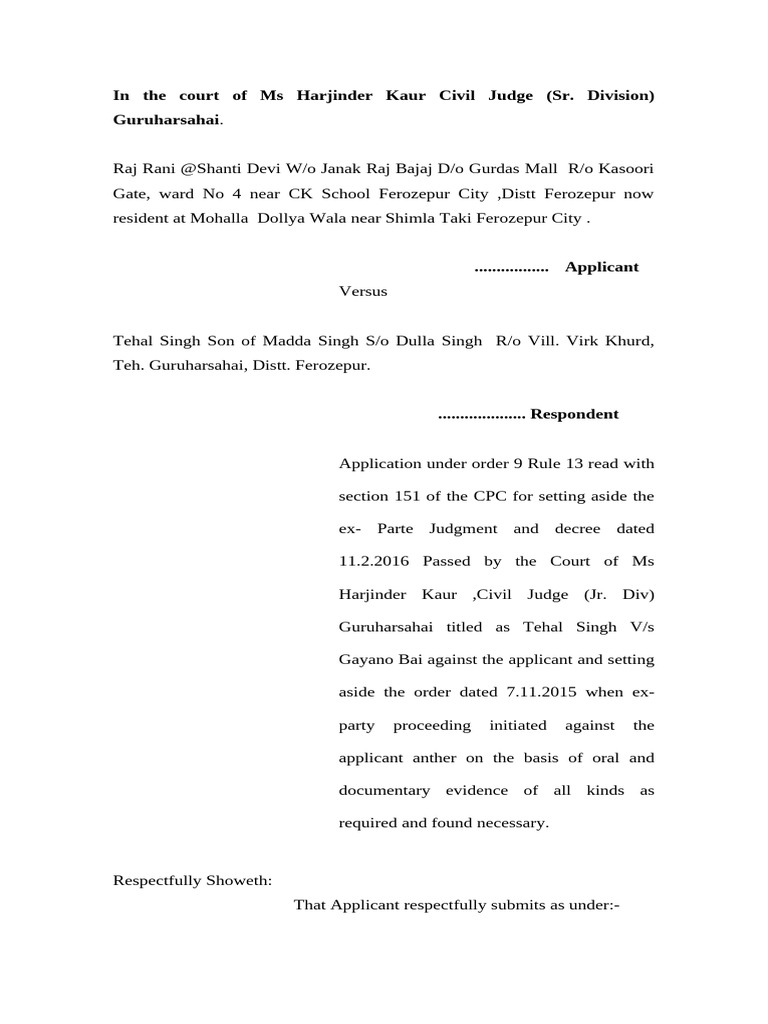 Ex-Parte Judgment Appeal: Raj Rani vs. Tehal Singh | PDF | Lawsuit ...