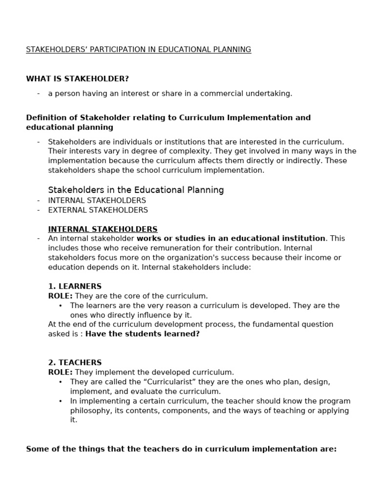 Stakeholder Roles in Educational Planning | PDF | Curriculum | Learning