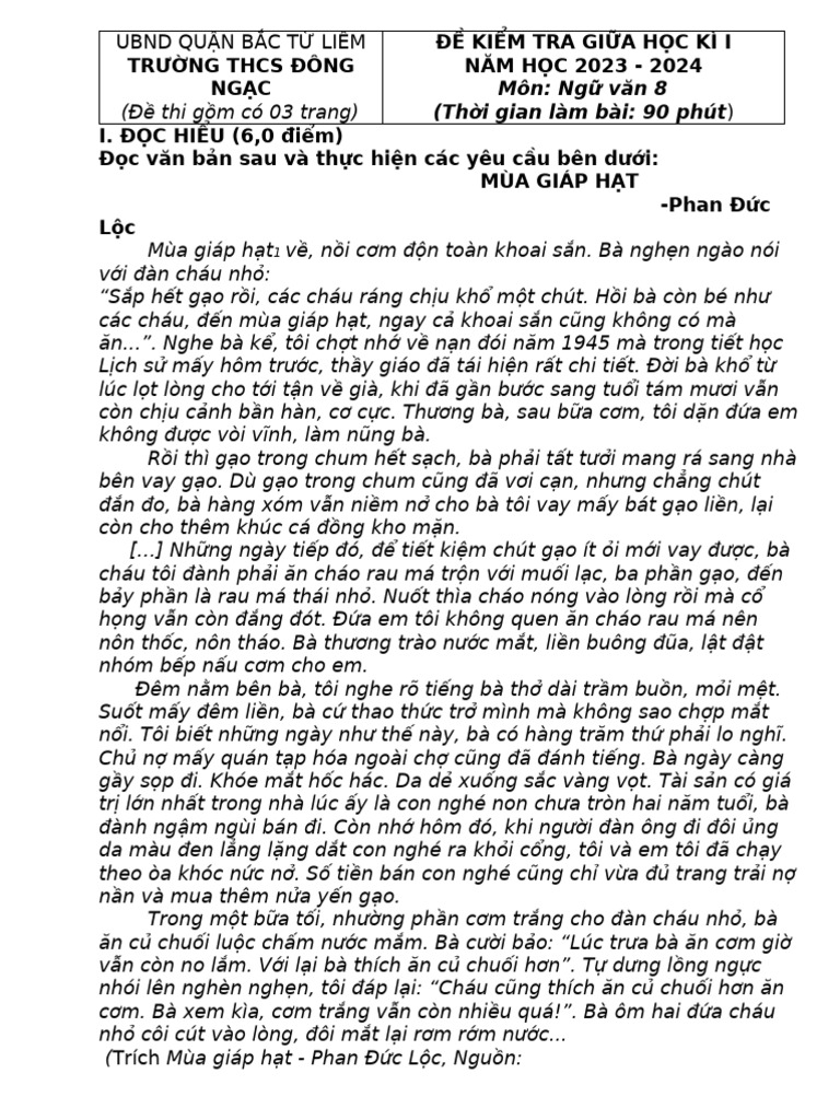 Đề Gki v8 Đông Ngạc 23-24 | PDF