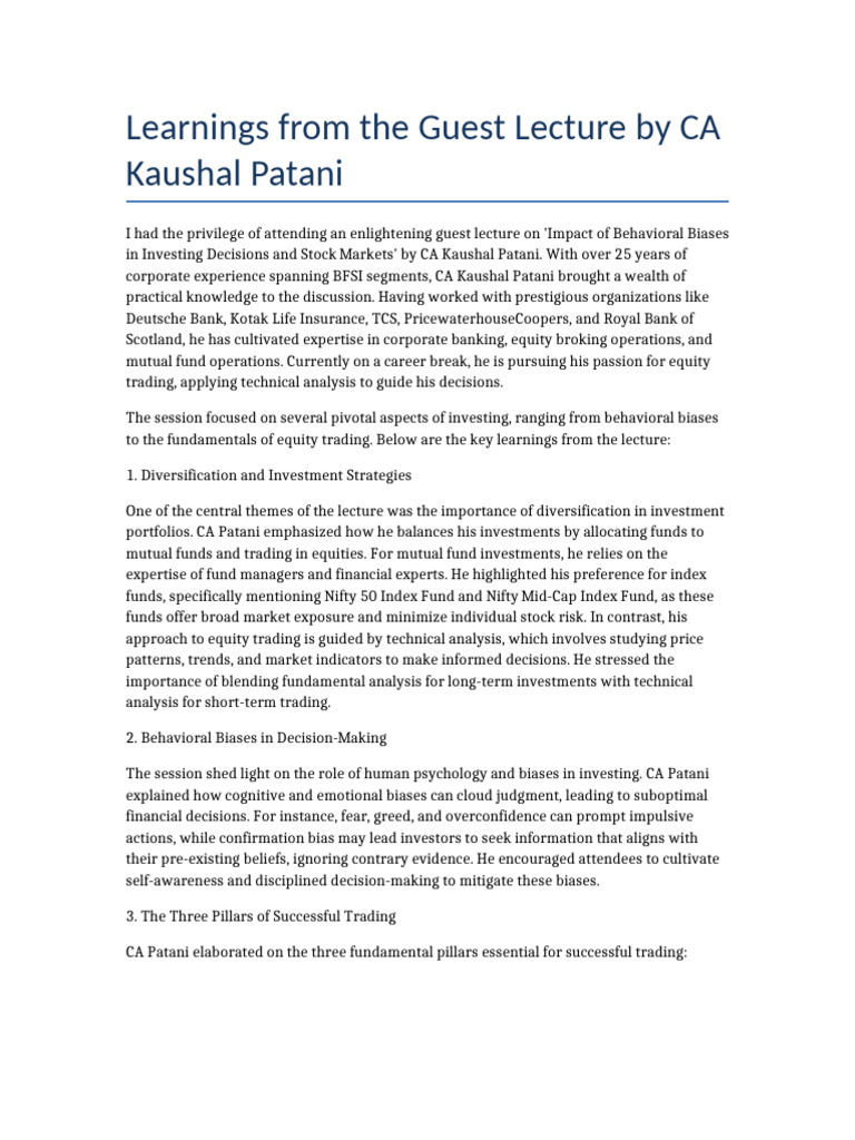 Learnings From Guest Lecture by CA Kaushal Patani | PDF | Investing | Stocks