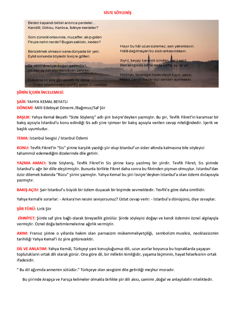 Siste Söyleniş Yahya Kemal SAF ŞİİR | PDF