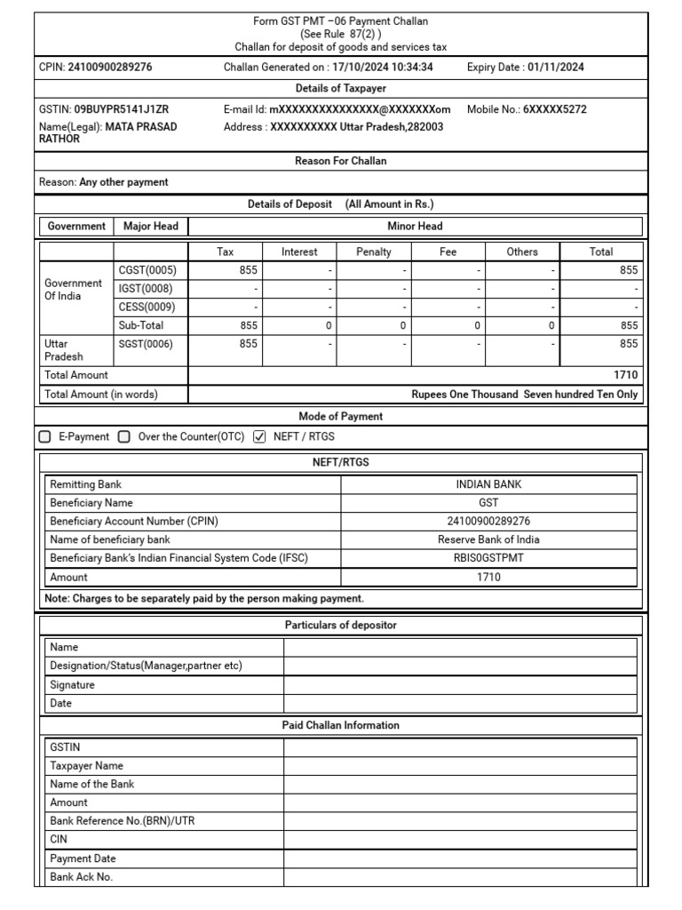 GST PMT-06 Payment Challan Details | PDF | Personal Finance | Taxes