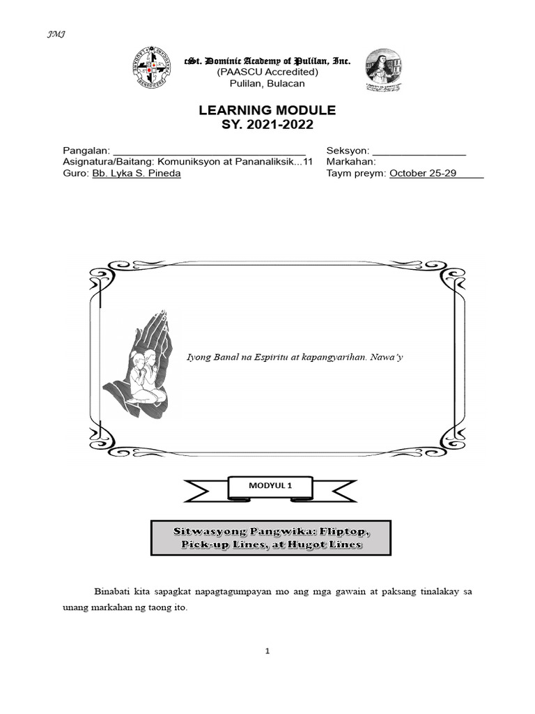 FILIPINO 11 Komunikasyon Module 2ND QUARTER Week 1 | PDF