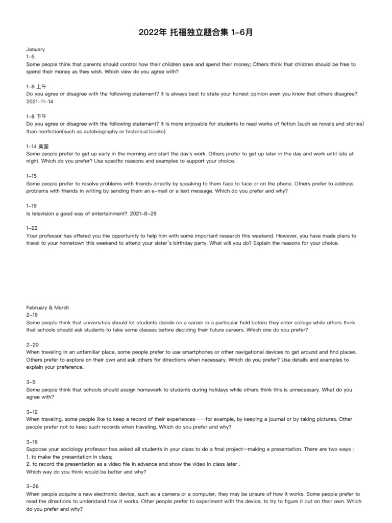 TOEFL Essay Topics Jan-Jun 2022 | PDF