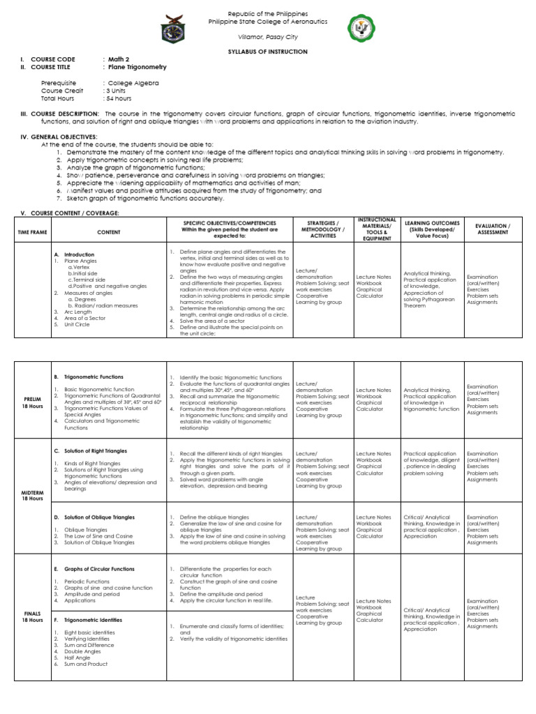 Plane Trigonometry Course Syllabus | PDF | Trigonometric Functions ...