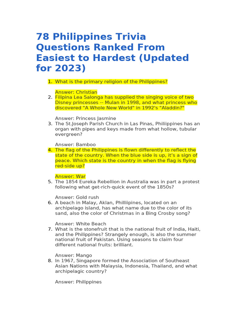 Philippines Trivia: 78 Questions 2023 | PDF | Philippines