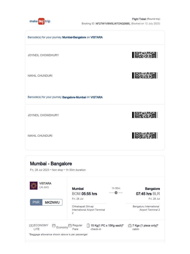 Vistara Flight Itinerary: Mumbai-Bangalore | PDF | Identity Document | Transport
