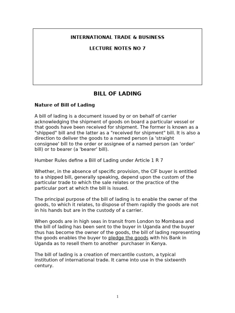Chapter 7 Bill Of Lading Pdf Bill Of Lading Cargo
