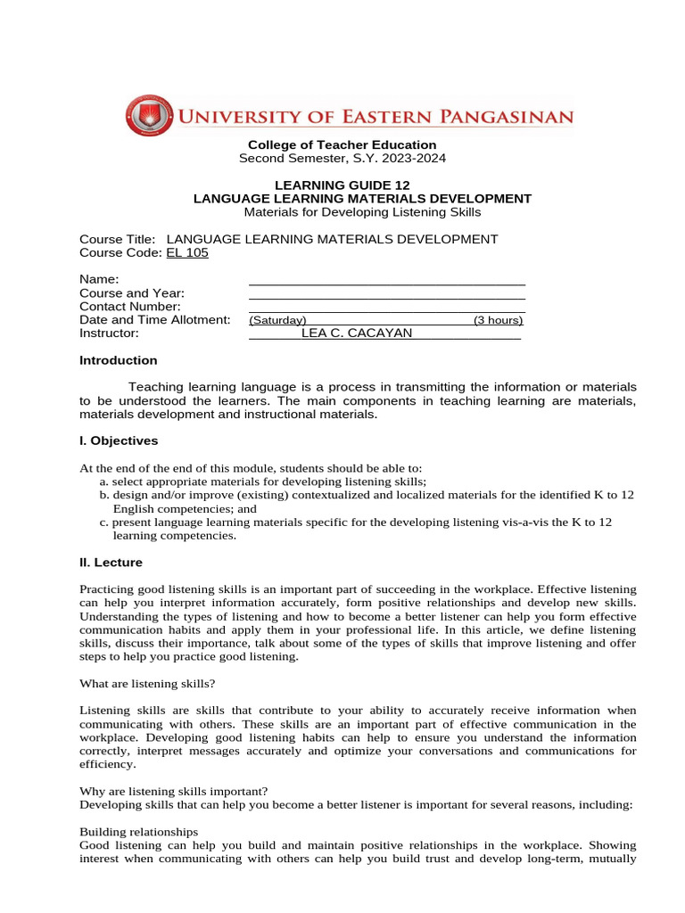 LEARNING GUIDE 12 Materials For Developing Listening Skills | PDF ...