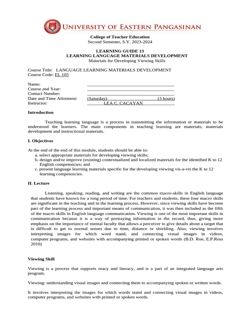LEARNING GUIDE 13 Materials For Developing Viewing Skills | PDF ...