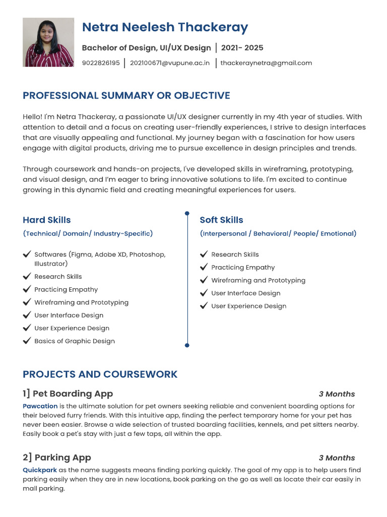 Netra Thackeray - PRN - 2181290044 - RESUME | PDF | User Interface | Design