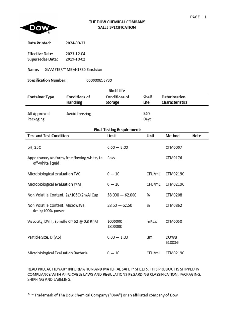 Xiameter Mem-1785 Emulsion | PDF | Packaging And Labeling | Materials