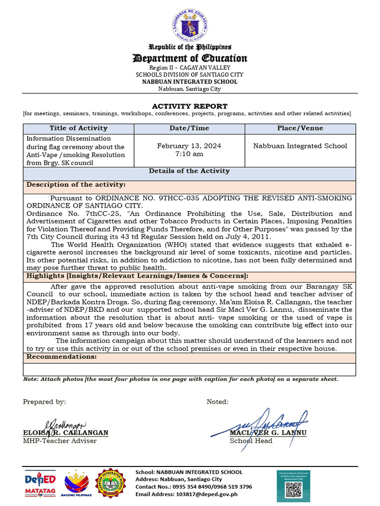 Accomplishment Report NDEP | PDF | Tobacco Smoking | Addiction