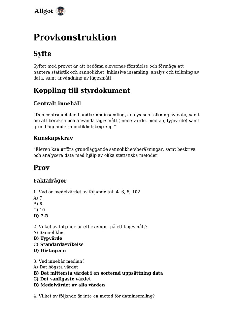 Prov. Åk. 9. Matematik - Statistik Och Sannolikhet | PDF