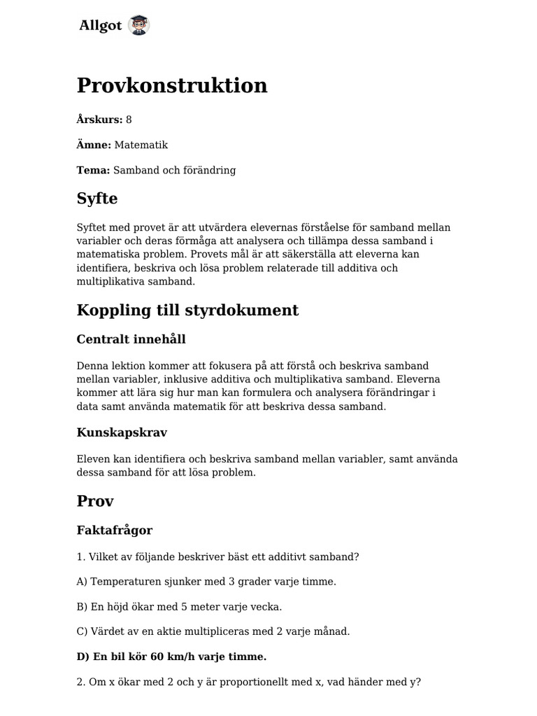 Prov. Åk. 8. Matematik - Samband Och Förändring | PDF