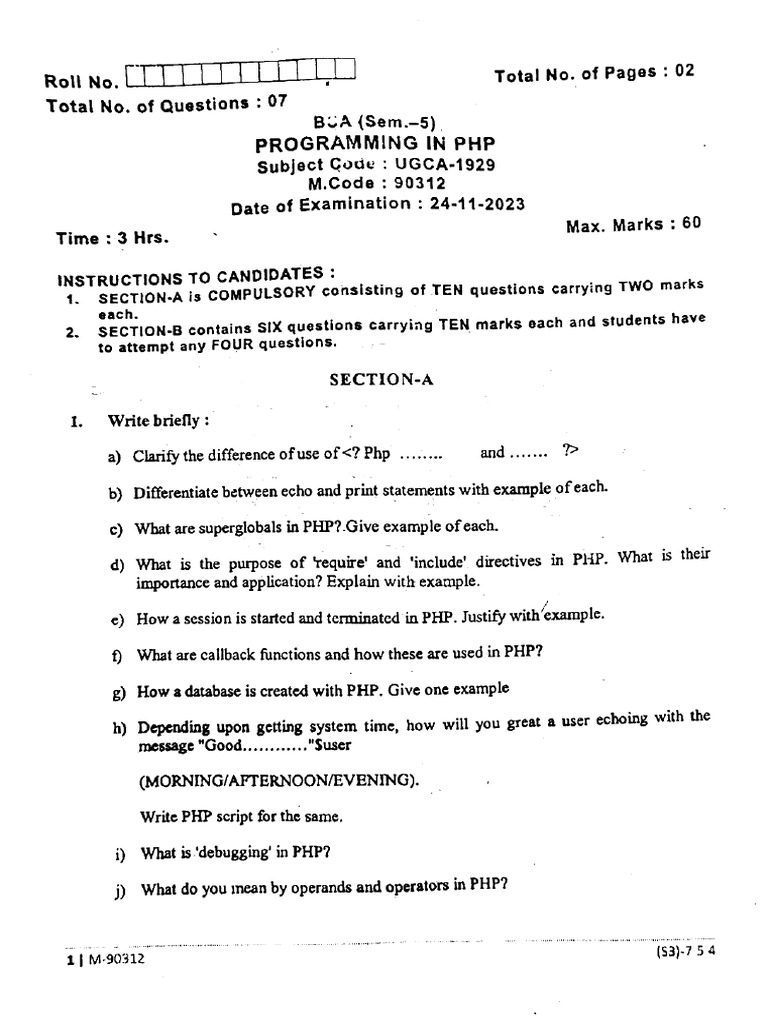 Bca 5 Sem Programming in Php 90312 Nov 2023 | PDF Bca 5 Sem Programming in Php 90312 Nov 2023 | PDF