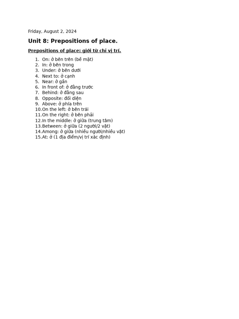Unit 8 Prepositions of Place | PDF