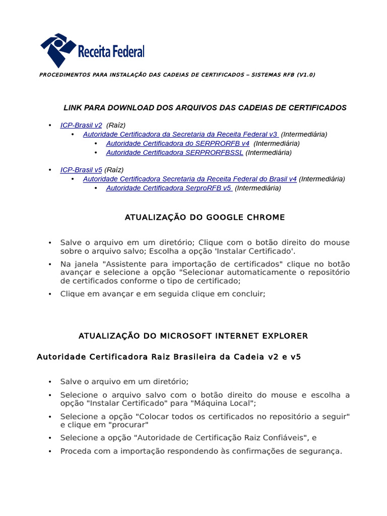 Procedimento Instalacao Cadeia de Certificados Sistemas Rfb | PDF | Informática | Software de ...