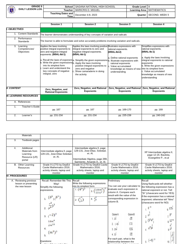 DLL Math 9 Second Quarter Week 5 | PDF | Exponentiation | Numbers