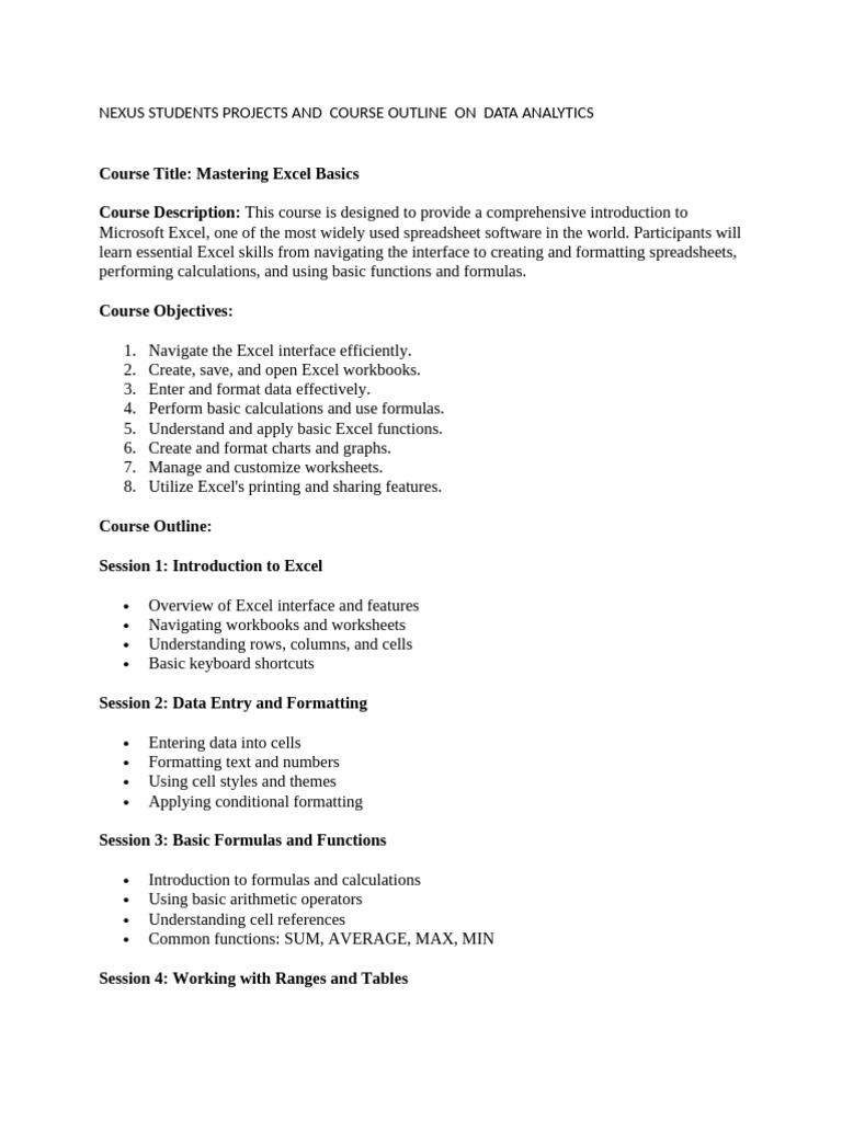 Excel Basics Data Analytics Course Pdf Microsoft Excel Spreadsheet