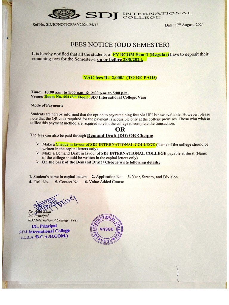 FY BCom Fee Notice | PDF