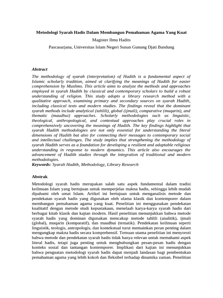 Metodologi Syarah Hadis Dalam Membangun Pemahaman Agama Yang Kuat | PDF Metodologi Syarah Hadis Dalam Membangun Pemahaman Agama Yang Kuat | PDF