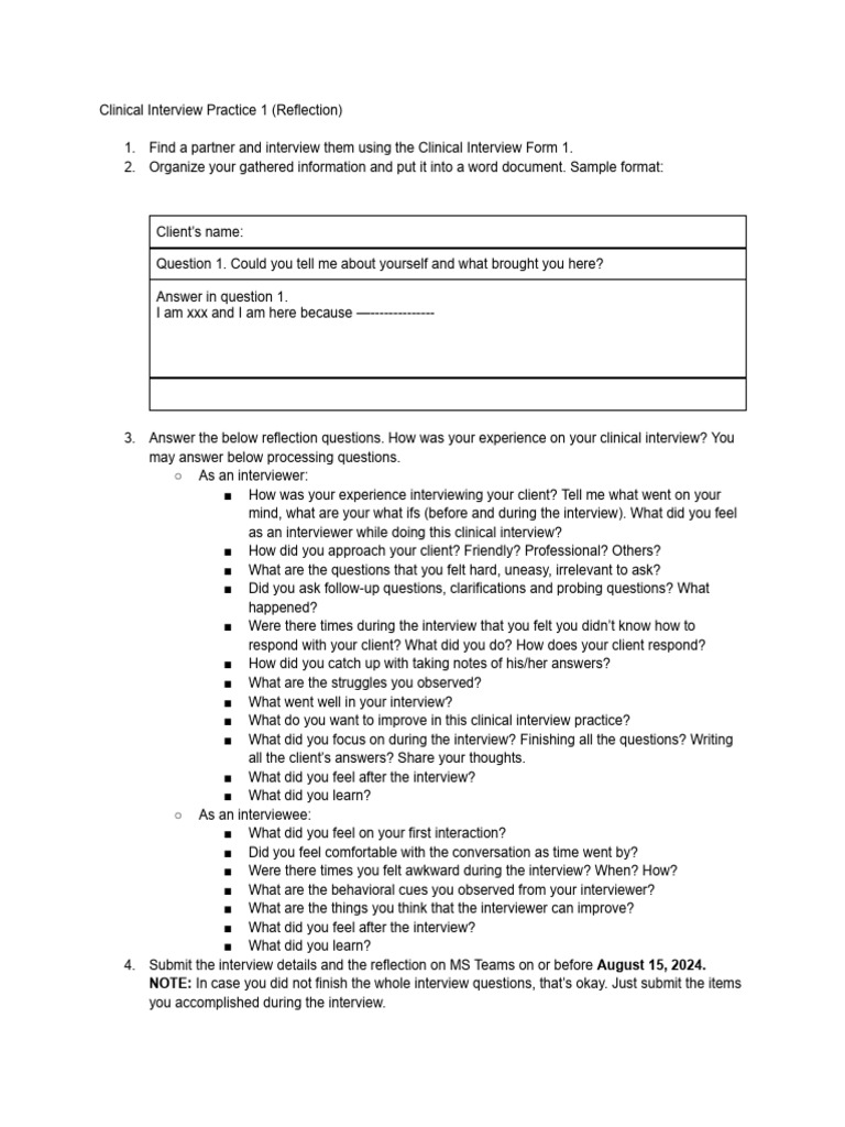 Clinical Interview Reflection Guide | PDF | Interview | Job Interview
