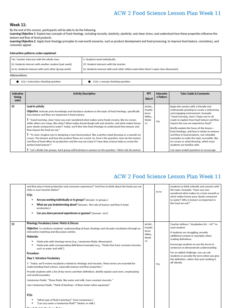 ACW2_FoodScience_W11_Lesson Plan | PDF | Rheology | Reading Comprehension