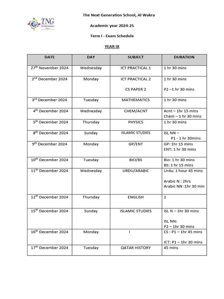 YR 9 - TERM I EXAM SCHEDULE 2024-25 | PDF