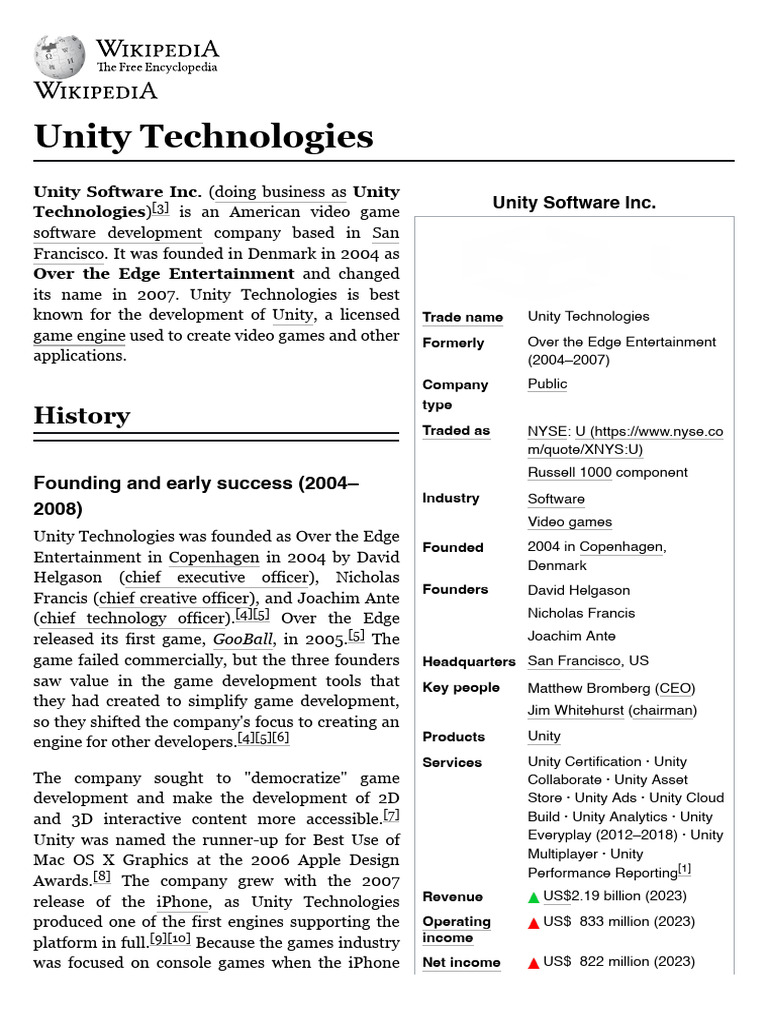 Unity Technologies - Wikipedia | PDF | Unity (Game Engine)