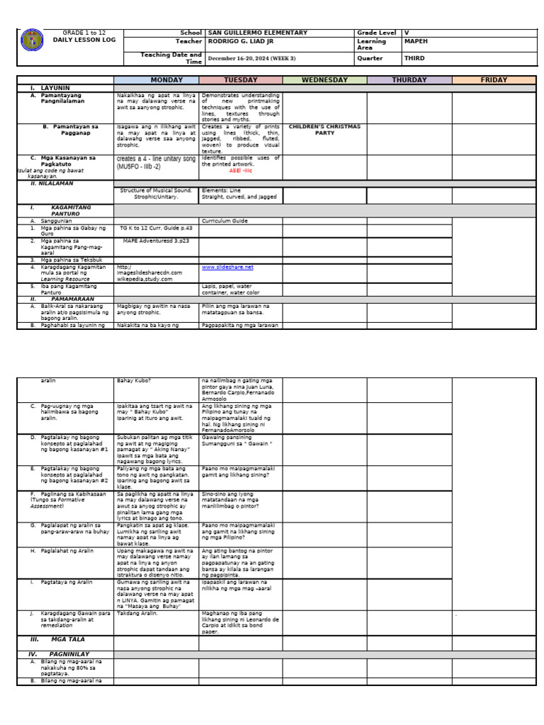 Grade 5 DLL MAPEH 5 Q3 Week 3 | PDF