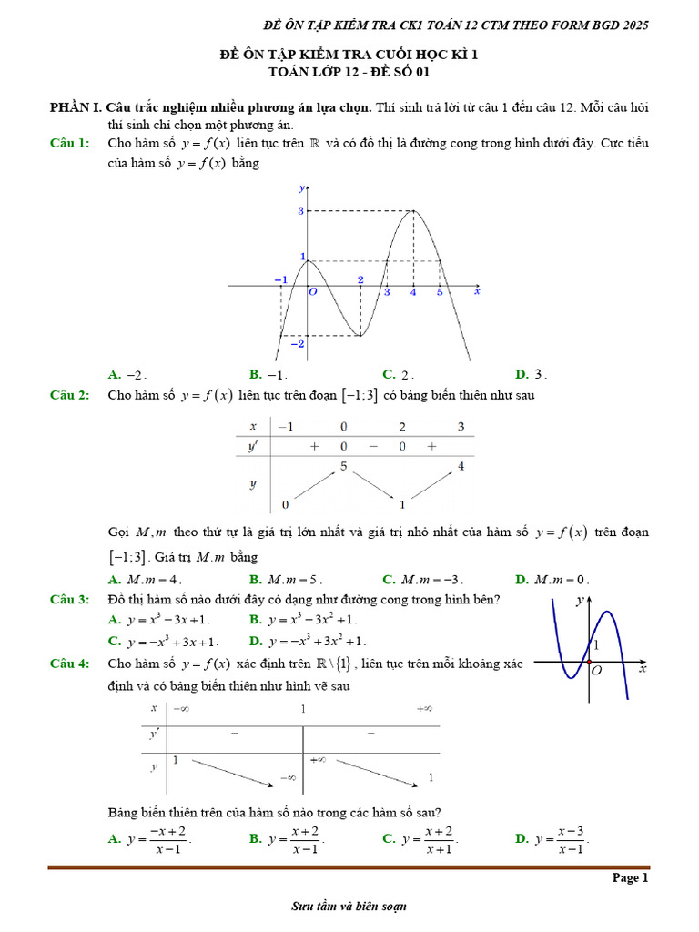 10-de-on-tap-cuoi-hoc-ki-1-toan-12-cau-truc-trac-nghiem-moi | PDF