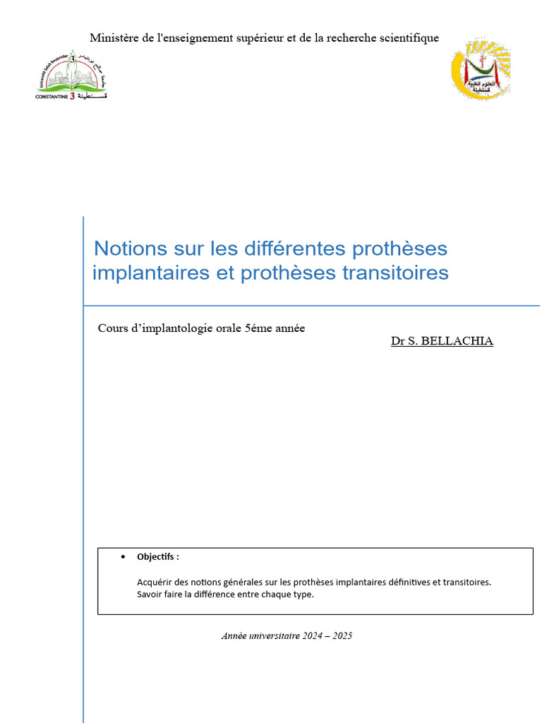 Notions sur prothèses transitoires | PDF | Implant dentaire | Dentisterie