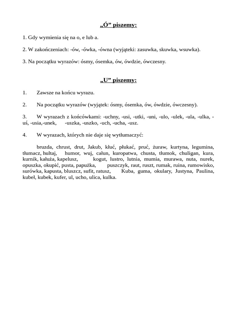 Pisownia Wyrazów Z U I Ó | PDF