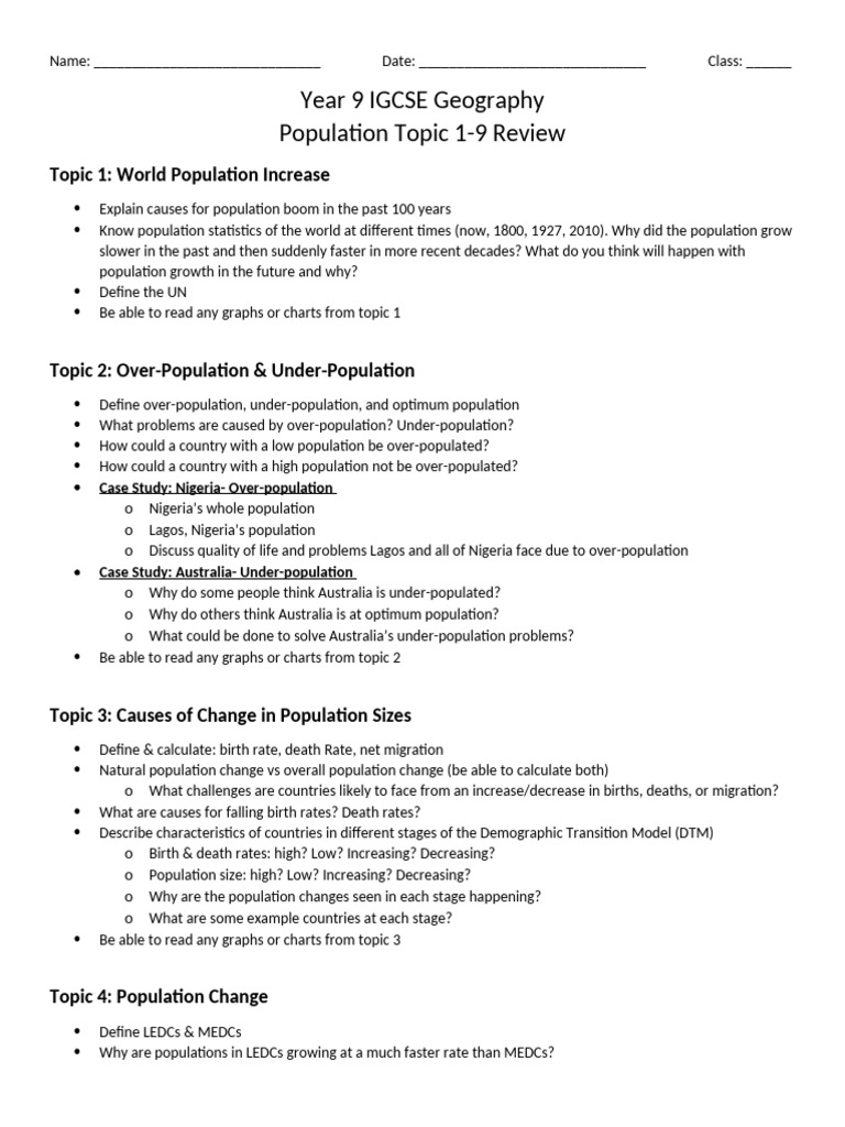 Year 9 Population Review | PDF | Human Migration | Population