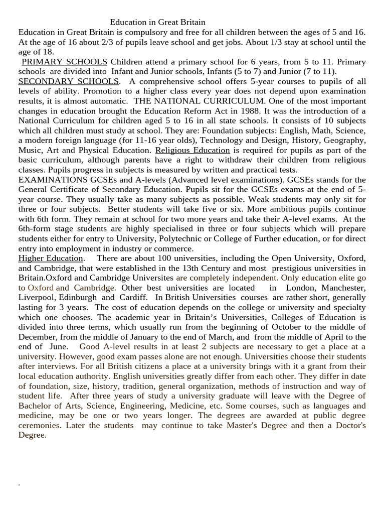 Overview of Education in Great Britain | PDF | Schools | University