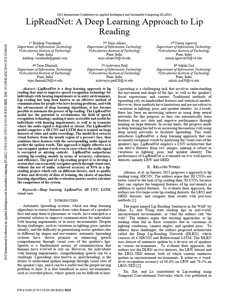 LipReadNet A Deep Learning Approach To Lip Reading | PDF | Deep Learning | Artificial Neural Network