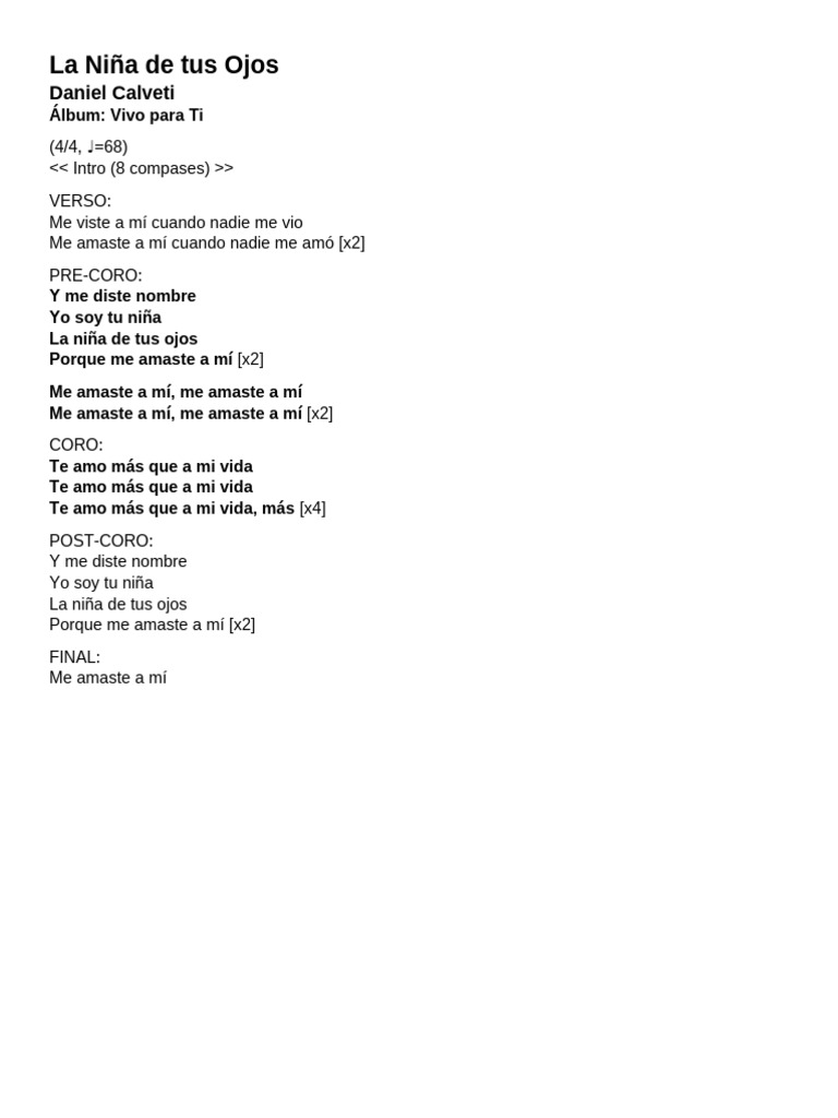 La Niña de Tus Ojos - Daniel Calveti - Vivo para Ti | PDF