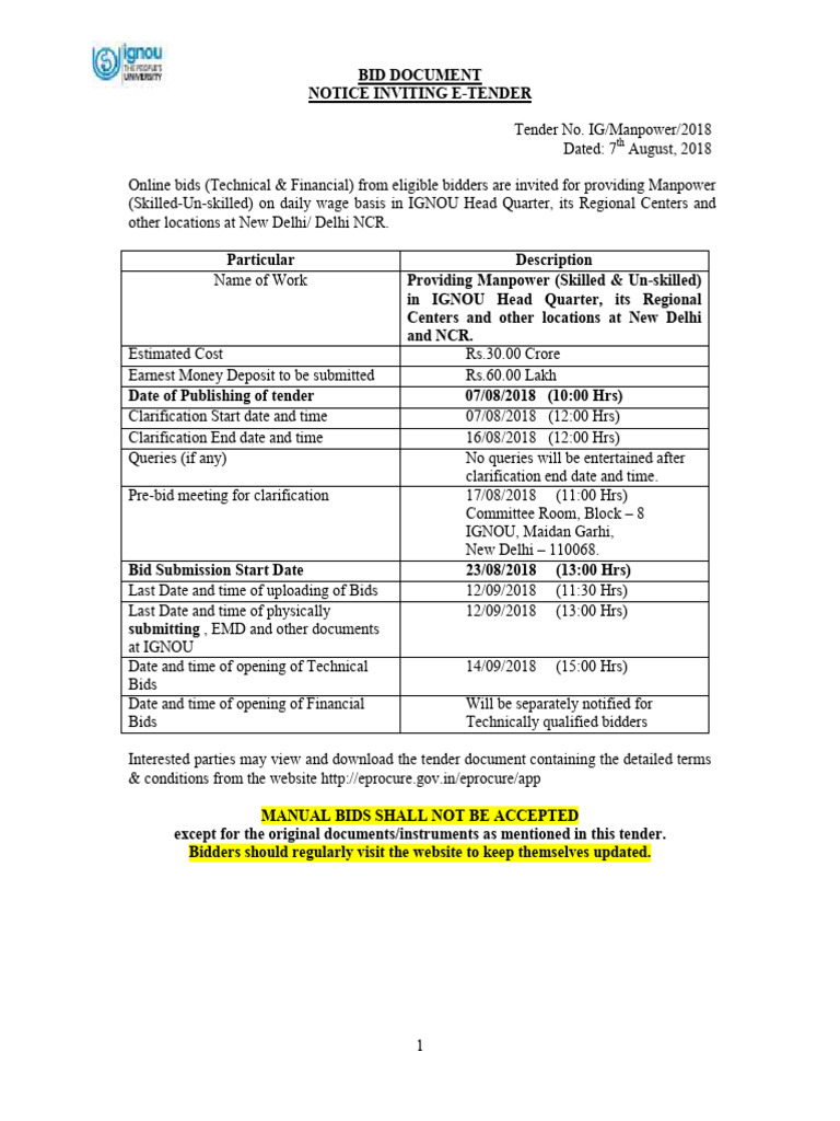 RFP IGNOU Delhi Manpower - Etenderdocument | PDF | Employment | Payments