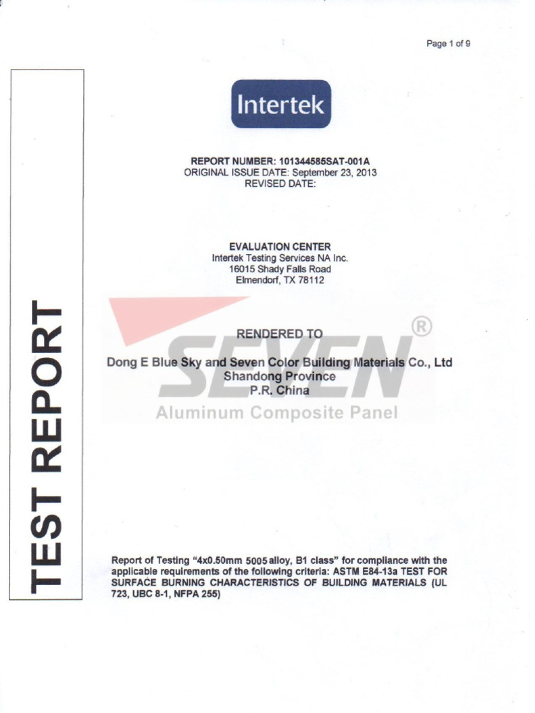 SEVEN FR-Test Report B1 - Intertek ASTM E84 | PDF