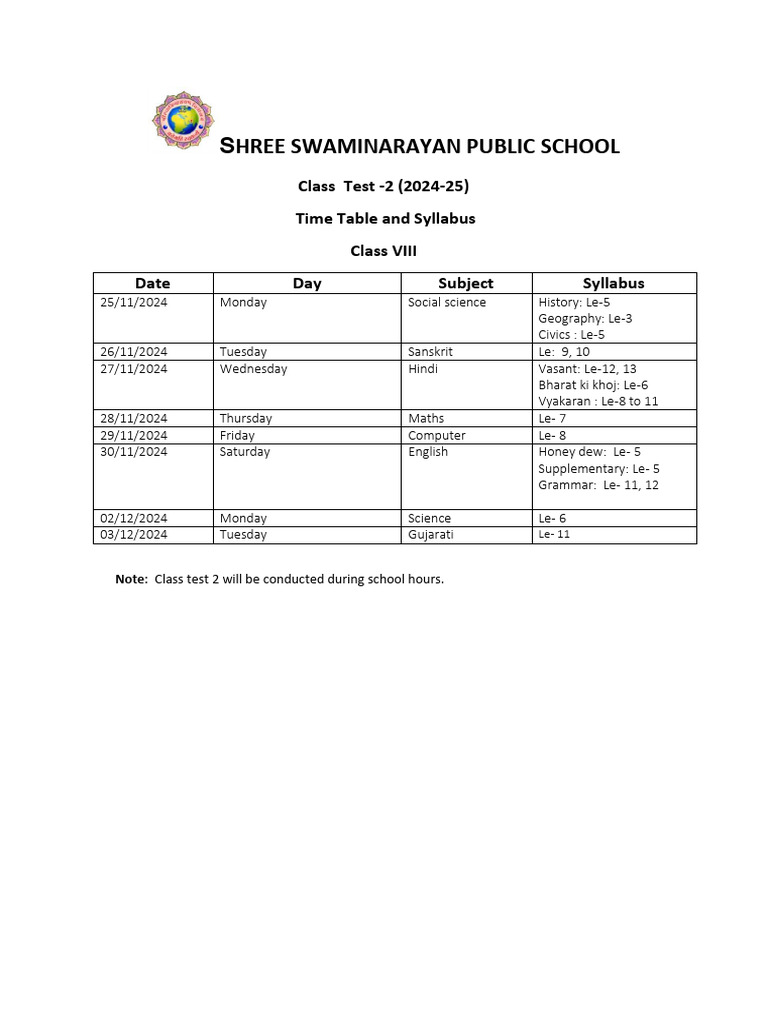 STD 8 Class Test 2 Timetable and Syllabus 2024-25 | PDF