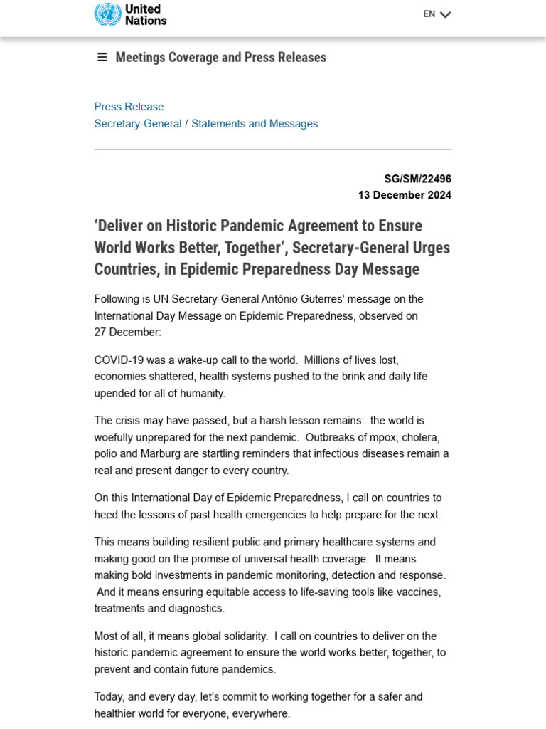 Deliver On Historic Pandemic Agreement To Ensure World Works Better ...