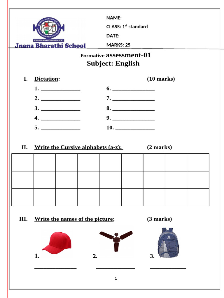 1st Standard FA1 English Question Paper | PDF