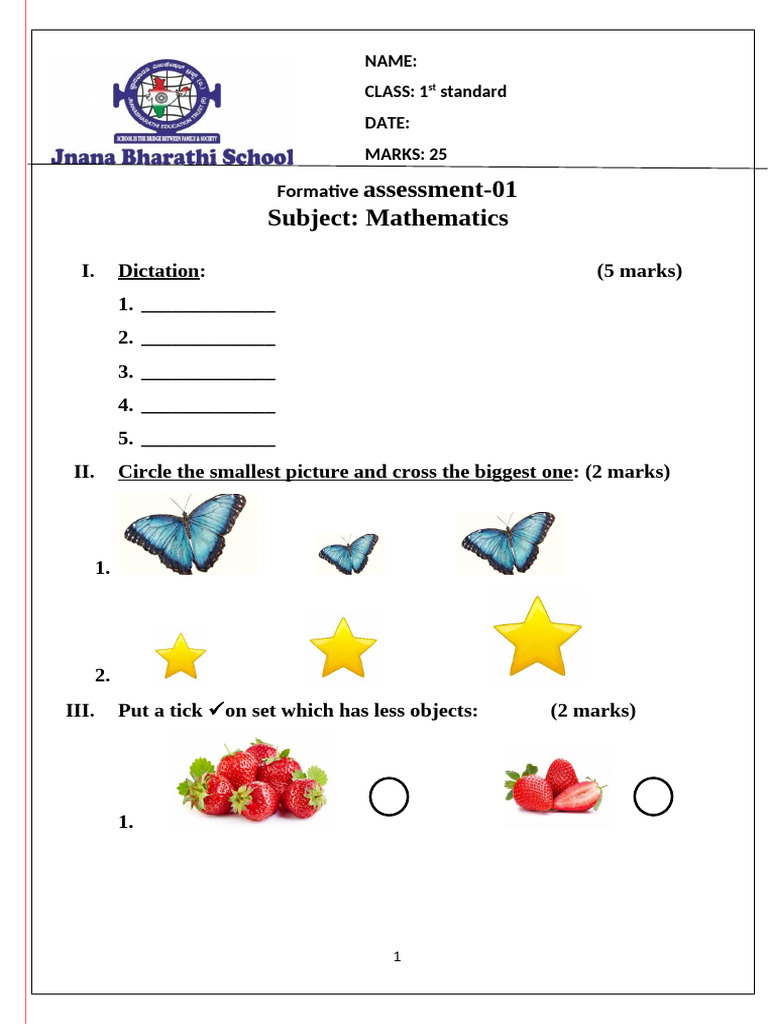 1st STD Maths FA1 Test | PDF