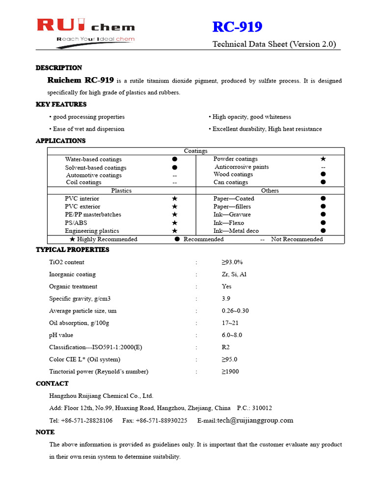 TIO2 RC-919 | PDF | Titanium Dioxide | Building Engineering